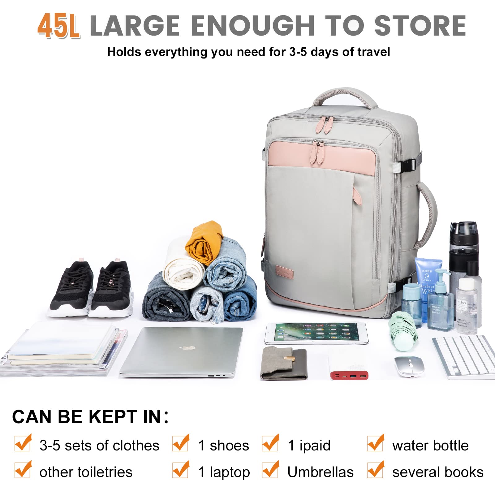 LOVEVOOK Carry on Backpack, 45L Large Travel Backpack for Women Airline Approved, Expandable Large Suitcase Backpacks With 4 Packing Cubes, Aer Travel Pack 3, Water Resistant Weekender Bag