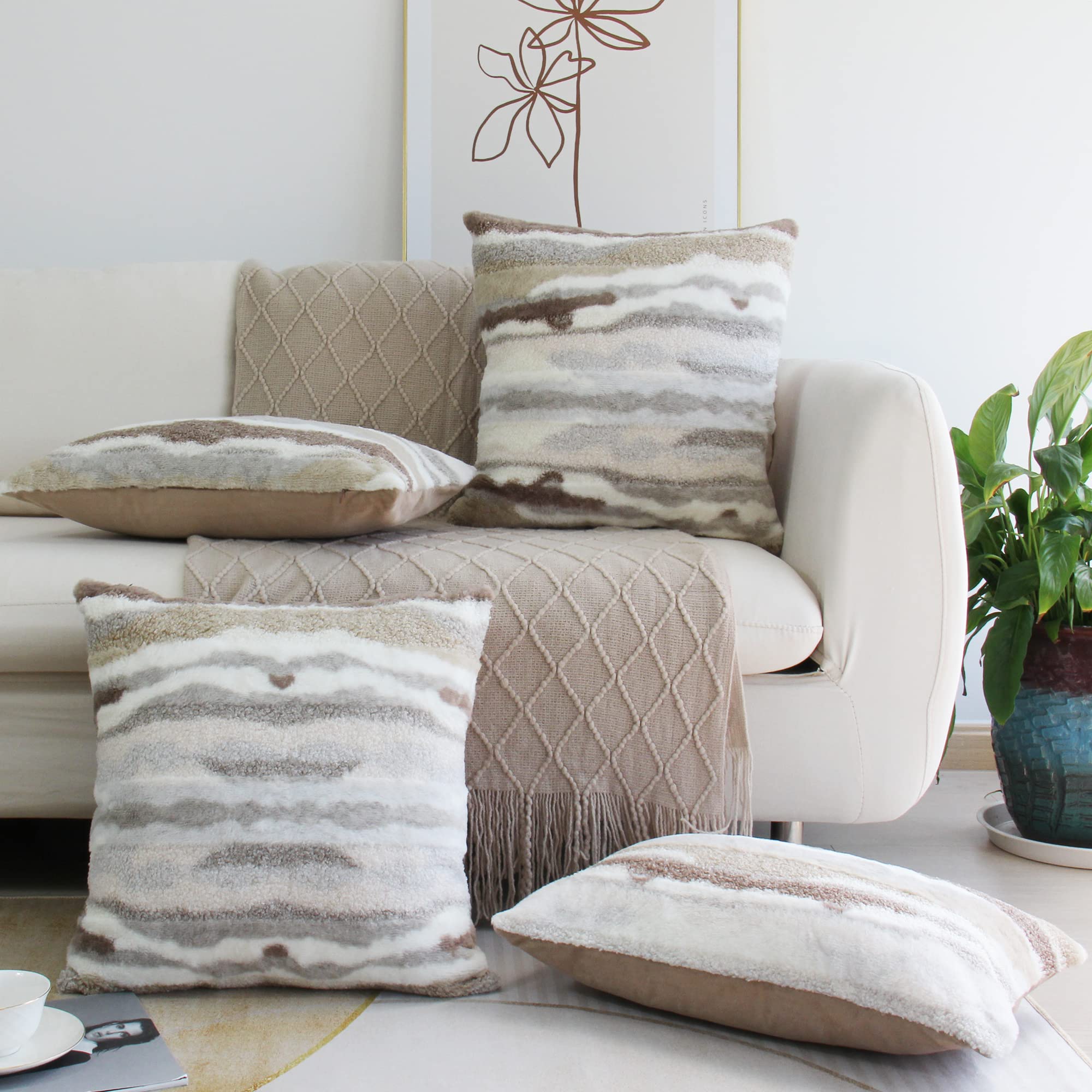 JOJUSIS Plush Short Wool Fluffy Decorative Throw Pillows Covers 16 x 16 Inch Luxury Soft Faux Fur Fleece Cushion Cover Pillowcase Pack of 2 Khaki