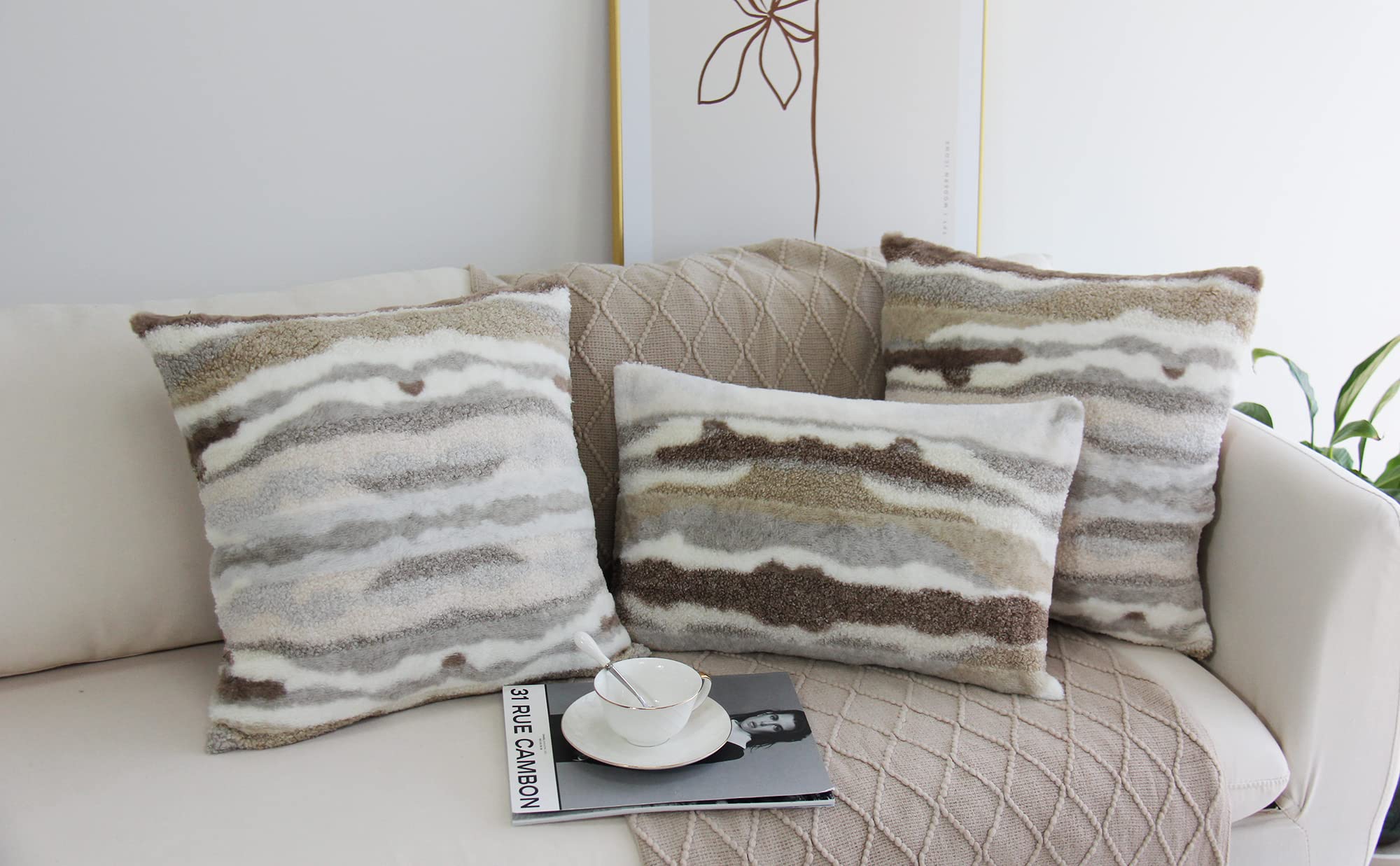 JOJUSIS Plush Short Wool Fluffy Decorative Throw Pillows Covers 16 x 16 Inch Luxury Soft Faux Fur Fleece Cushion Cover Pillowcase Pack of 2 Khaki