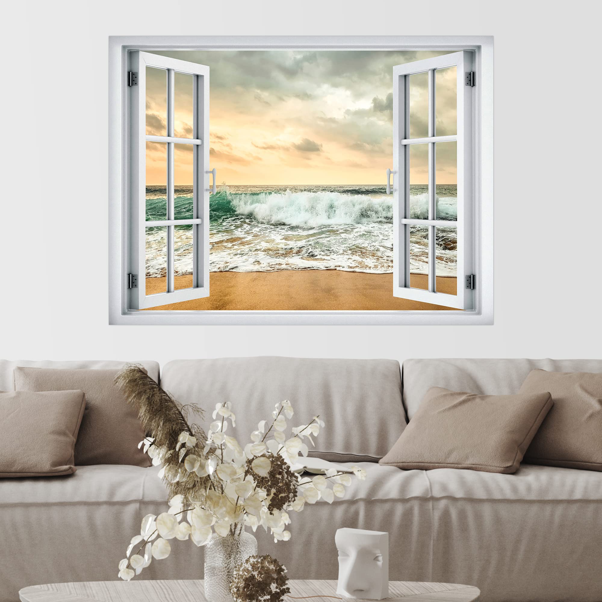 SIGNWIN Removable Wall Sticker/Wall Mural Window View Beach Wave Sunset Seascape Nature Wilderness Photography Realism Decorative Landscape Digital Art for Living Room, Bedroom, Office - 36"x48"