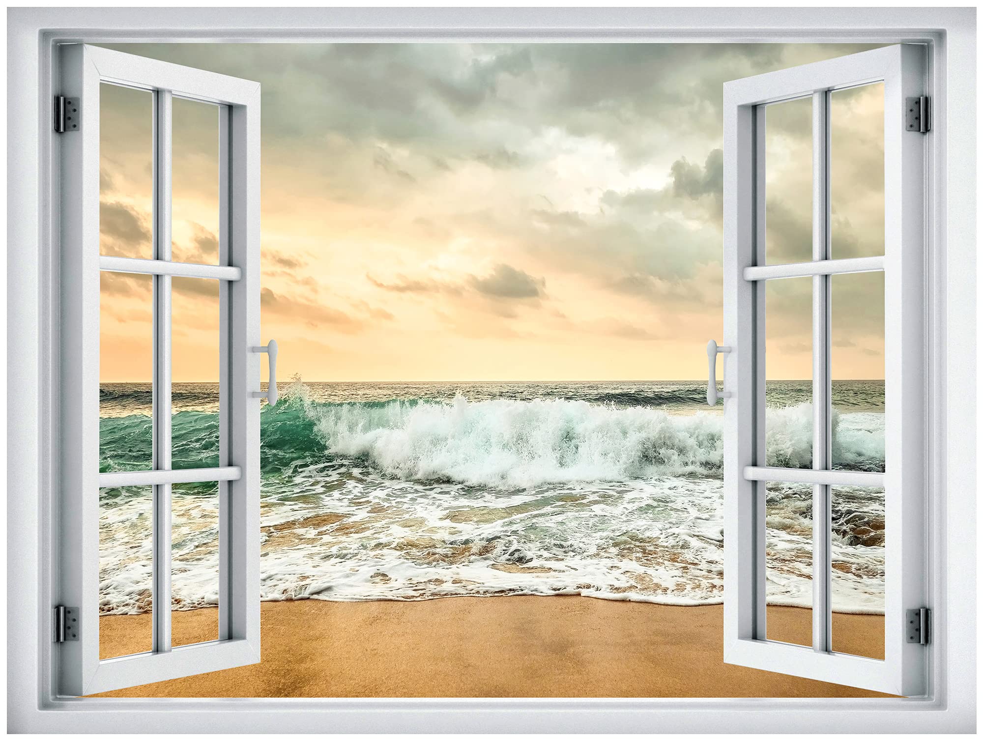 SIGNWIN Removable Wall Sticker/Wall Mural Window View Beach Wave Sunset Seascape Nature Wilderness Photography Realism Decorative Landscape Digital Art for Living Room, Bedroom, Office - 36"x48"
