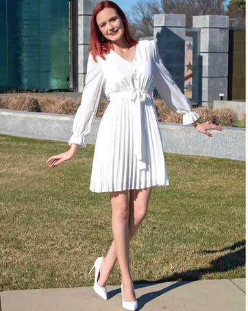 Kenaque Womens Long Sleeve V Neck Dresses for Wedding Guest Ruffle Lantern Sleeve Pleated Mini Dress with Belt Off-White