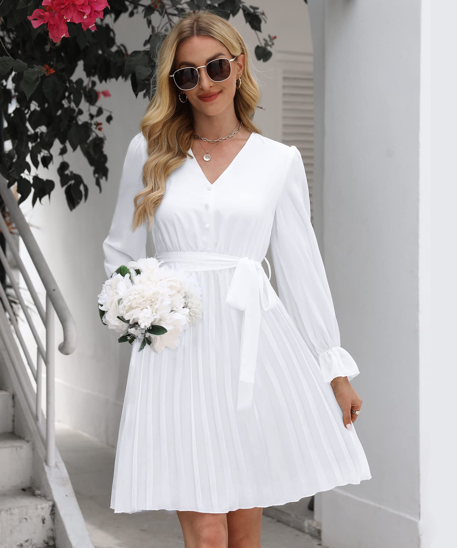 Kenaque Womens Long Sleeve V Neck Dresses for Wedding Guest Ruffle Lantern Sleeve Pleated Mini Dress with Belt Off-White