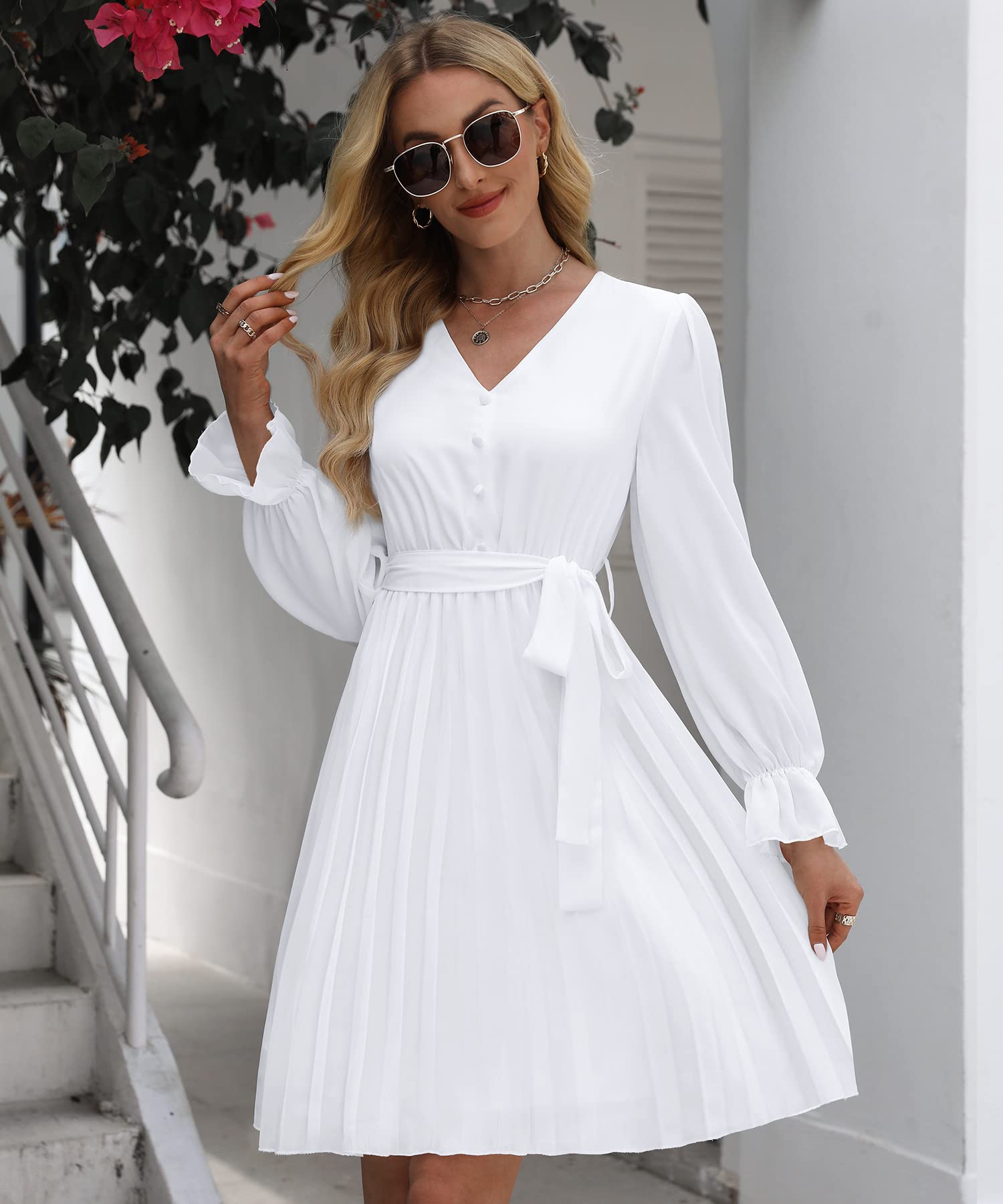 Kenaque Womens Long Sleeve V Neck Dresses for Wedding Guest Ruffle Lantern Sleeve Pleated Mini Dress with Belt Off-White