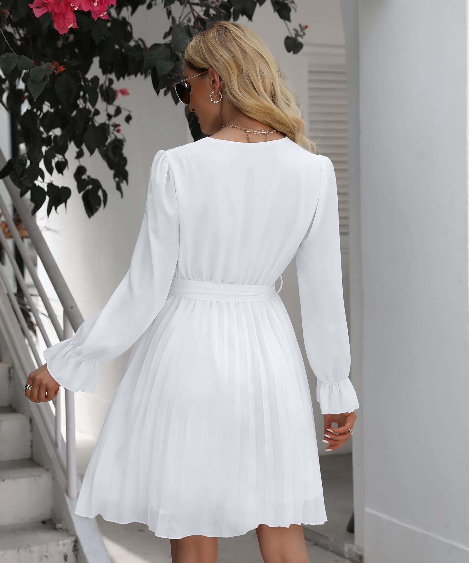 Kenaque Womens Long Sleeve V Neck Dresses for Wedding Guest Ruffle Lantern Sleeve Pleated Mini Dress with Belt Off-White