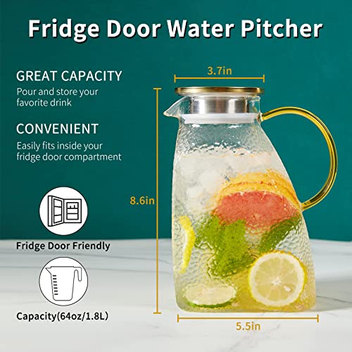 Fridge Pitcher, 64 oz/1800ml Glass Pitcher With Lids for Fridge, Ice Tea Pitcher, Great for Juice, Milk, Coffee, Lemonade - Heat Resistant Borosilicate Glass Jug