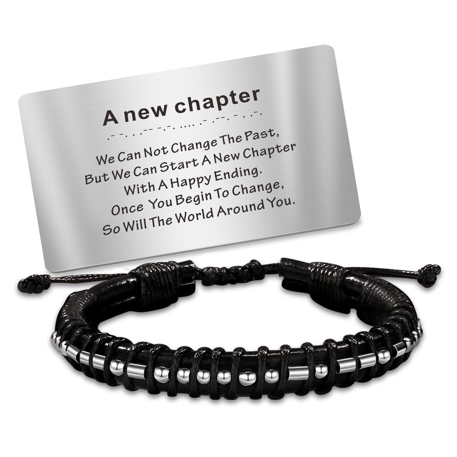 TOLOWOBK Inspirational Morse Code Bracelet for Mens Sobriety Gifts Black Leather Bracelet Wallet Card, Easter Fathers Day Birthday Gift for Men Graduation Gifts for Him Grandson Son Brother