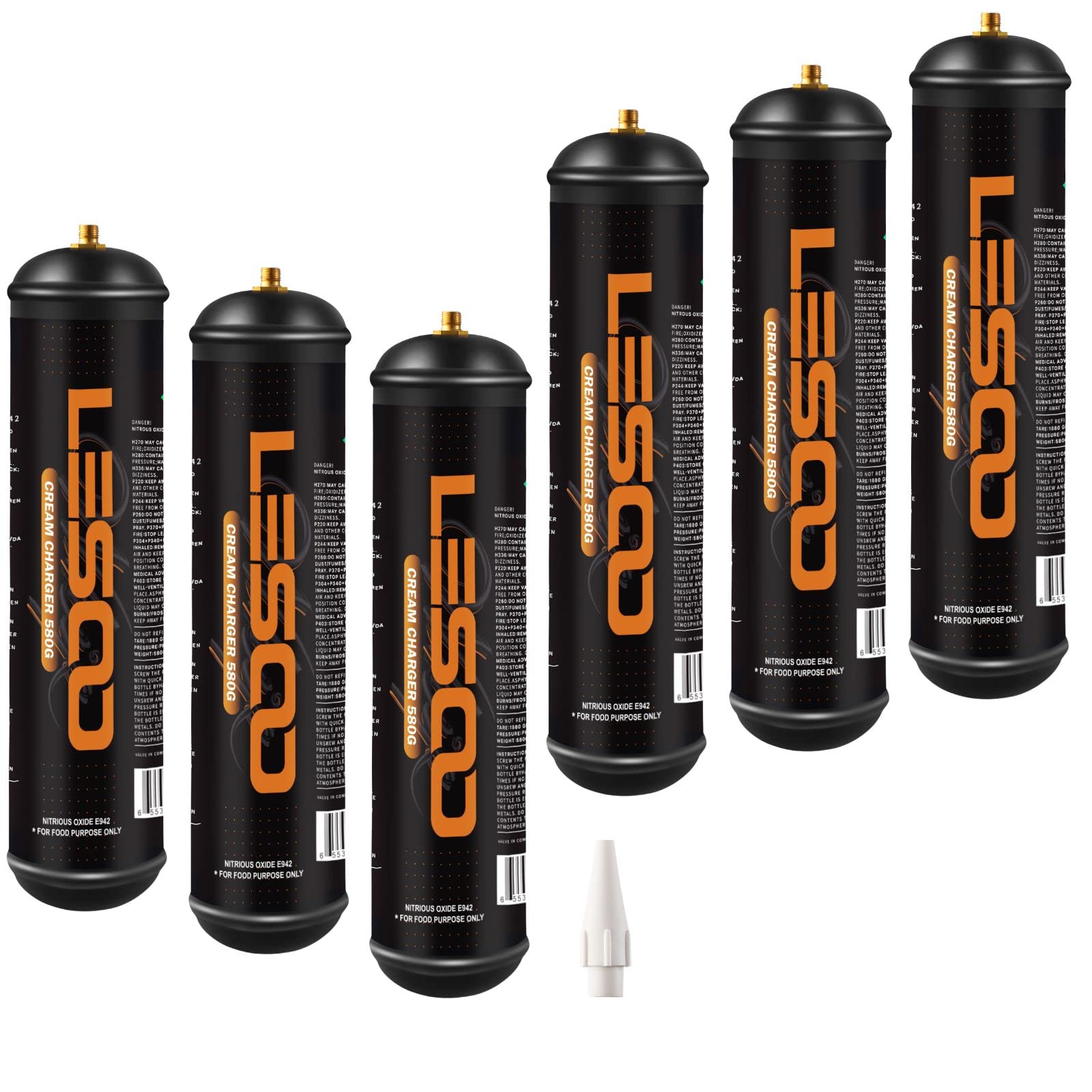 LesooWhip 615g Whipped Cream Charger 1 Box Pure N2O Tank 0.99 Liter Nitrous Oxide Cylinders with Most Cream Whippers(6 cylinders)