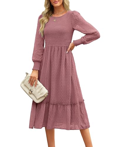 Maggeer Spring Long Sleeve Dress for Women 2024 Women's A Line Swiss Dot Wedding Guest Engagement Work Ladies Smocked Midi Causal Dresses Mauve L