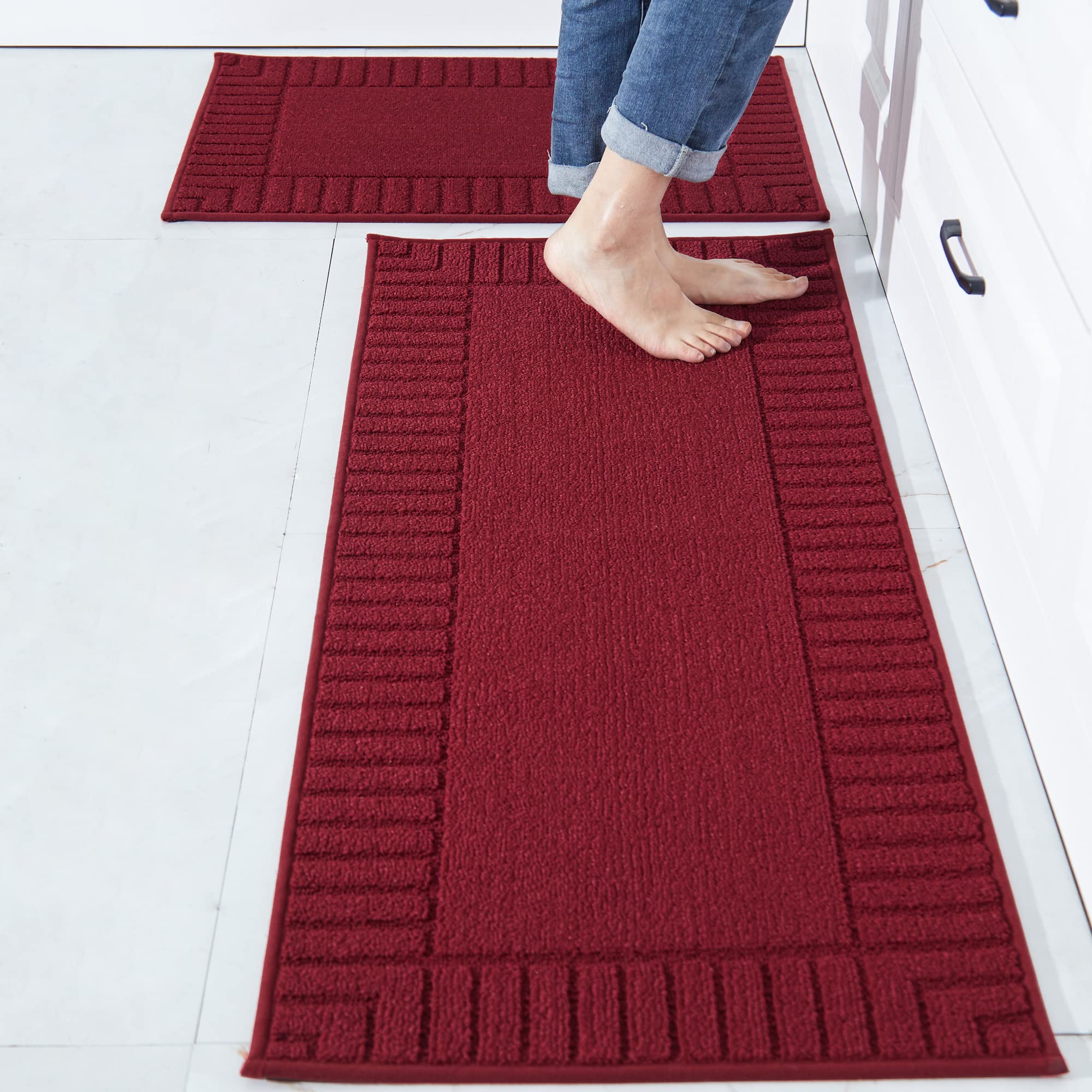BEQHAUSE-Kitchen-Rugs-and-Mats [2PCS] Non Slip Kitchen Mats for Floor,Machine Washable Burgundy Red Kitchen Rugs,Polypropylene Kitchen Floor Mat with TPR Backing 20x30inch/20x48inch