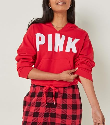 Victoria's Secret Women's PINK Logo Cropped Campus Hoodie Sweatshirt, Red Tie, XL
