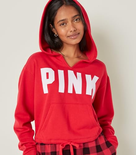 Victoria's Secret Women's PINK Logo Cropped Campus Hoodie Sweatshirt, Red Tie, XL