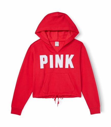 Victoria's Secret Women's PINK Logo Cropped Campus Hoodie Sweatshirt, Red Tie, XL
