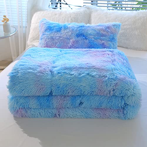 MOOWOO Plush Shaggy Comforter, Twin Luxury Ultra Soft Crystal Velvet Bedding Sets 2 Pieces (1 Faux Fur Comforter + 1 Faux Fur Pillow Cases), Colorful Blue