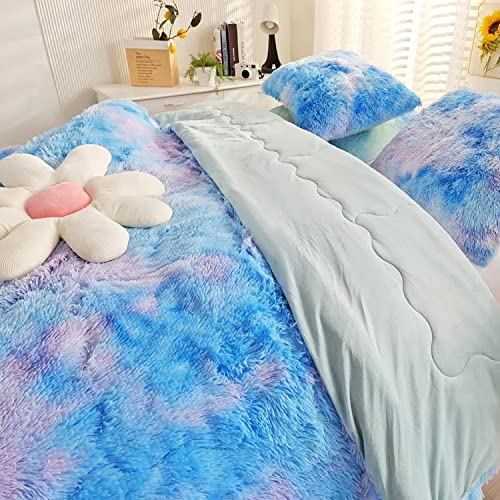 MOOWOO Plush Shaggy Comforter, Twin Luxury Ultra Soft Crystal Velvet Bedding Sets 2 Pieces (1 Faux Fur Comforter + 1 Faux Fur Pillow Cases), Colorful Blue
