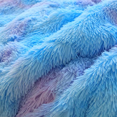 MOOWOO Plush Shaggy Comforter, Twin Luxury Ultra Soft Crystal Velvet Bedding Sets 2 Pieces (1 Faux Fur Comforter + 1 Faux Fur Pillow Cases), Colorful Blue