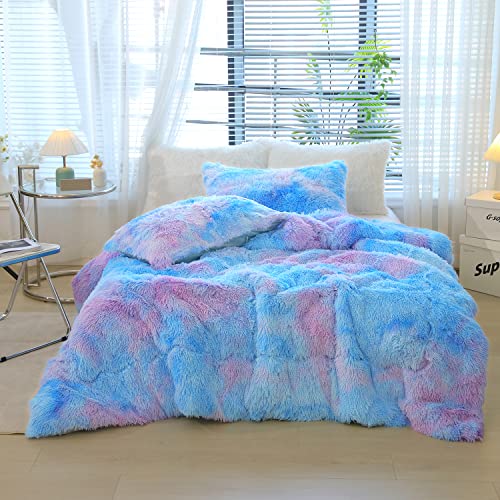 MOOWOO Plush Shaggy Comforter, Twin Luxury Ultra Soft Crystal Velvet Bedding Sets 2 Pieces (1 Faux Fur Comforter + 1 Faux Fur Pillow Cases), Colorful Blue