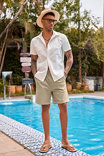 COOFANDY Men’s Linen Casual Shorts Classic Fit 7" Summer Beach Shorts Elastic Waistband with Pockets, Khaki, Medium
