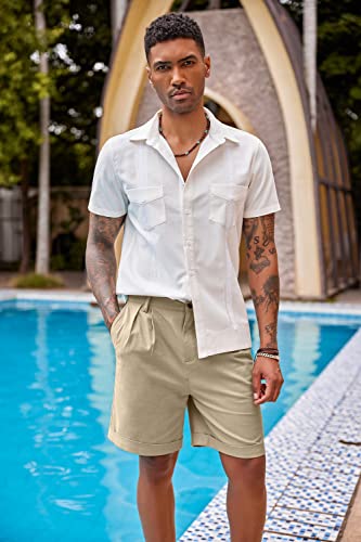 COOFANDY Men’s Linen Casual Shorts Classic Fit 7" Summer Beach Shorts Elastic Waistband with Pockets, Khaki, Medium