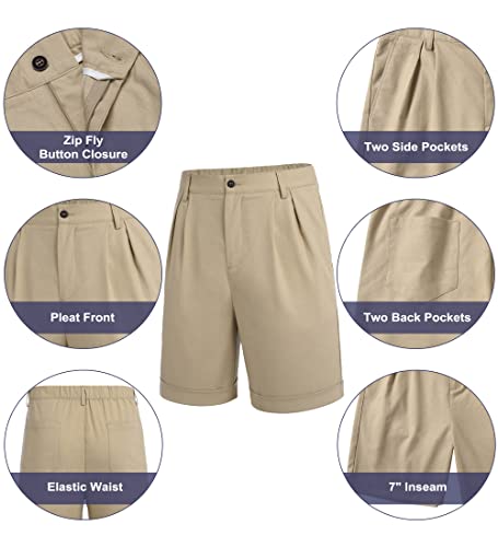 COOFANDY Men’s Linen Casual Shorts Classic Fit 7" Summer Beach Shorts Elastic Waistband with Pockets, Khaki, Medium