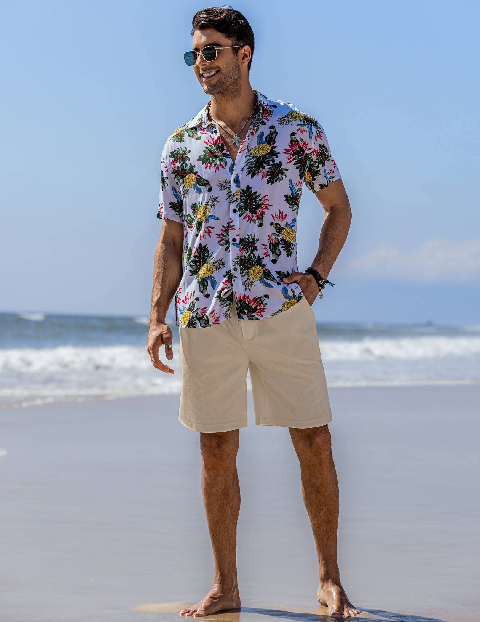COOFANDY Men's Summer Beach Shorts Lightweight Stretch Waistband Shorts Linen Hawaiian Shorts Khaki