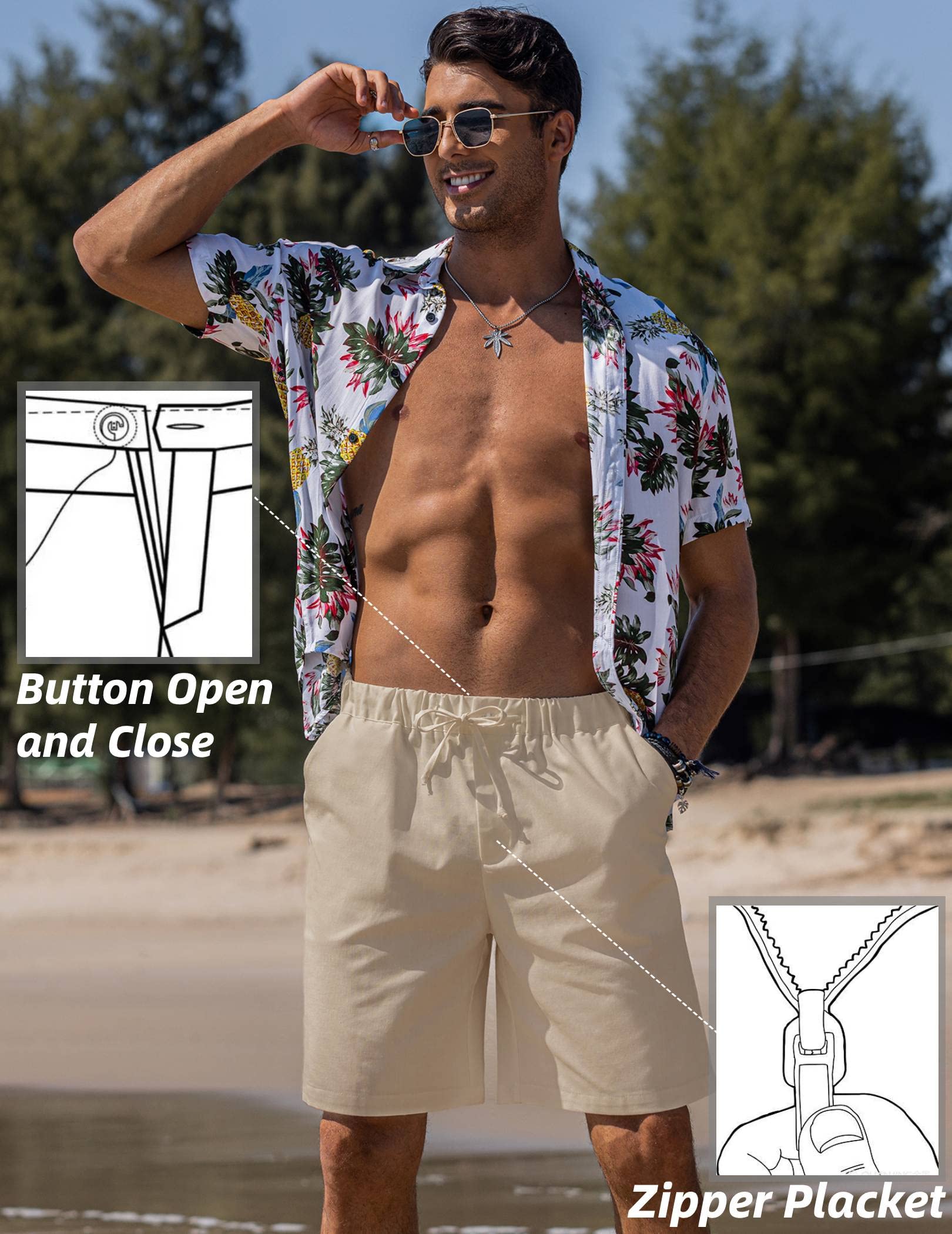 COOFANDY Men's Summer Beach Shorts Lightweight Stretch Waistband Shorts Linen Hawaiian Shorts Khaki