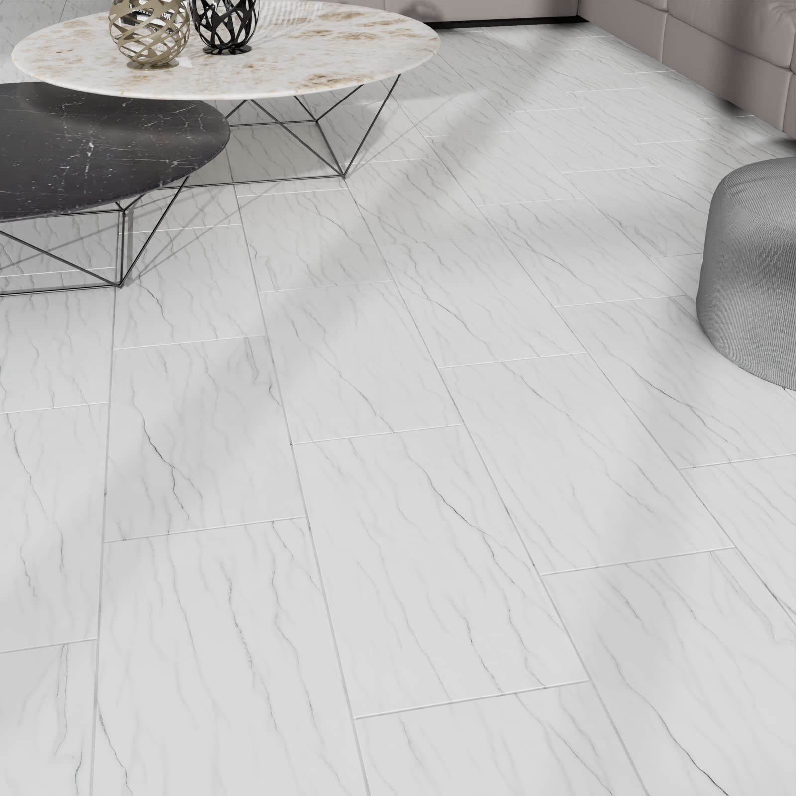 LaCheery 15 PCS Marble Peel and Stick Floor Tile 12x24 In Waterproof Bathroom Floor Tile Vinyl Sheet Flooring Stick On Floor Tile Stickers Off White Vinyl Flooring Adhesive Removable Laminate Flooring