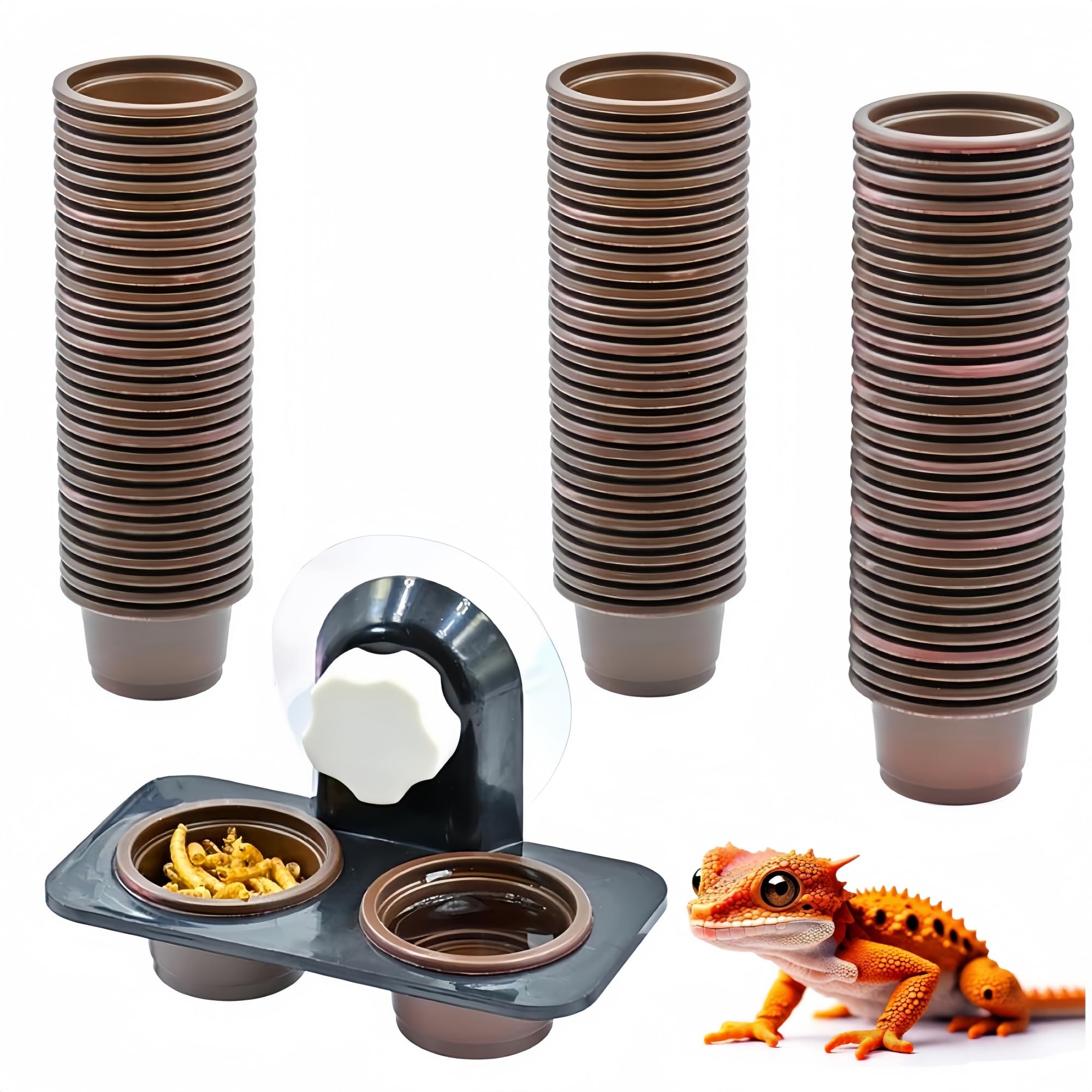 MRTIOO 100 Eco Cups + Feeding Ledge [Non-Suction Cup], Reptile Food Bowls and Water Dish, for Crested Gecko Lizard Or Other Small Pet Feeder Ledge Accessories Supplies (100 Cups + Ledge)