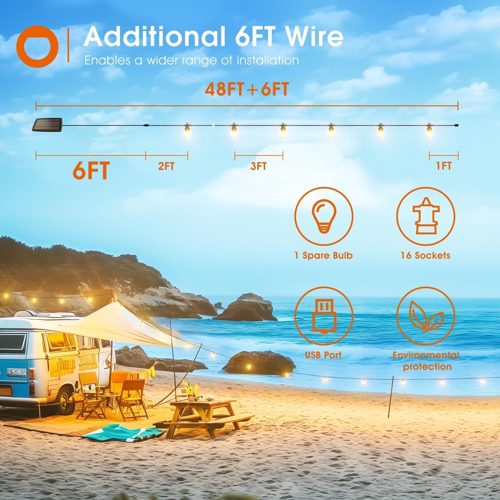 addlon 54(48+6) FT Solar String Lights Outdoor Waterproof with USB Port & Remote Control Solar Patio Lights Long Last for 20+Hrs Dimmable Solar Power LED Bulbs for Porch Garden Market Bistro