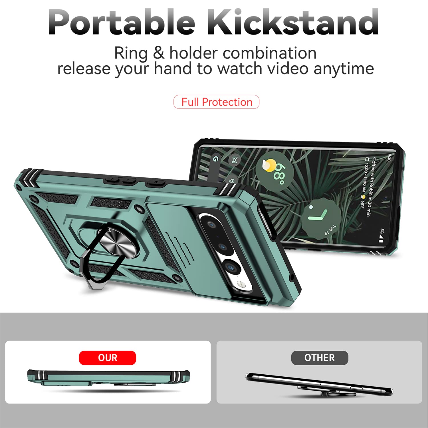 ALYBIT Compatible with Google Pixel 7 Pro Case with Screen Protector & Slide Camera Cover Built-in Ring Kickstand Magnetic Heavy Duty Rugged Shockproof Protective Google Pixel 7 Pro Phone Case -Green