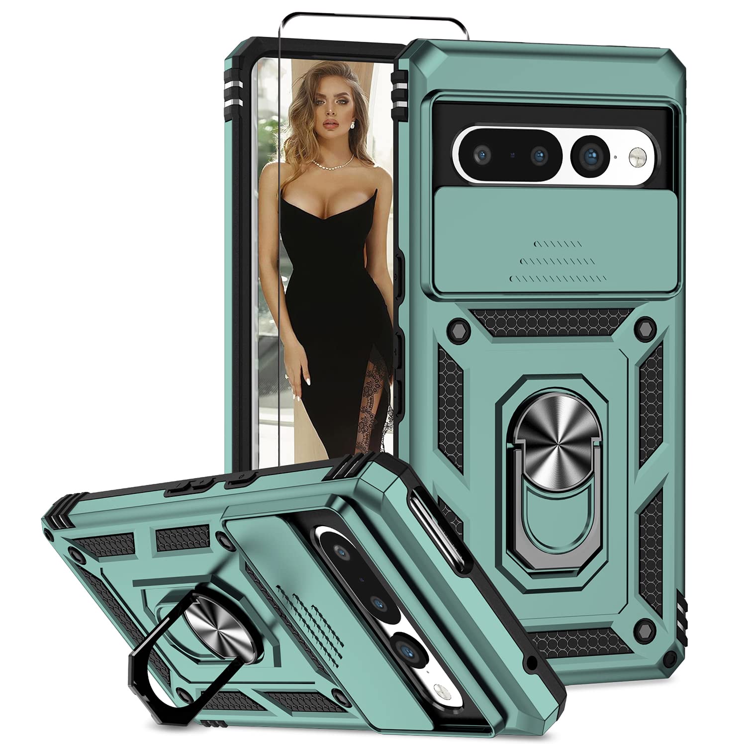 ALYBIT Compatible with Google Pixel 7 Pro Case with Screen Protector & Slide Camera Cover Built-in Ring Kickstand Magnetic Heavy Duty Rugged Shockproof Protective Google Pixel 7 Pro Phone Case -Green