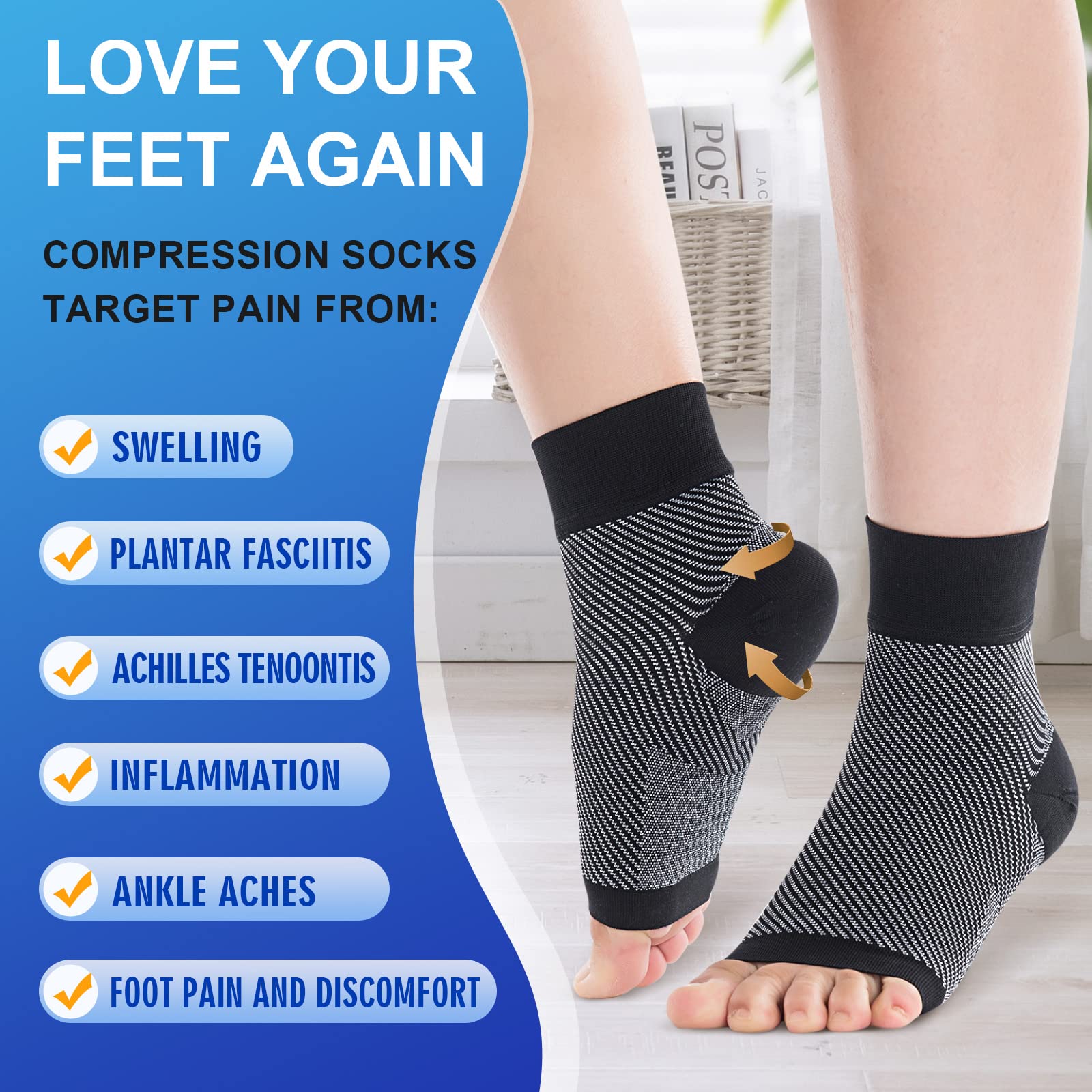 MERUYOO Ankle Brace Compression Sleeve (2 Pairs) Plantar Fasciitis Relief Socks for Women and Men, Compression Socks for Arch Support, Achilles Tendon, Neuropathy, Spain