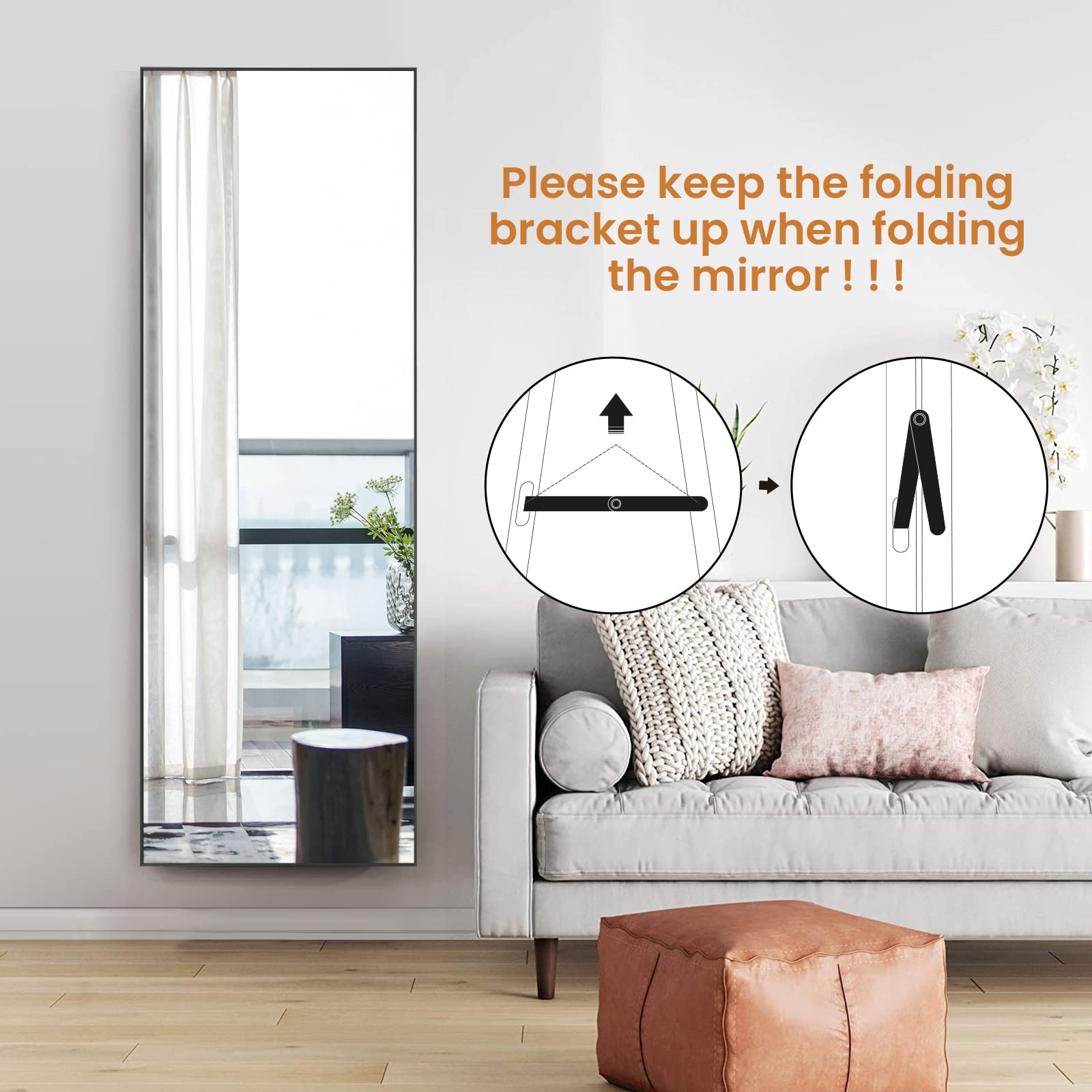 A.T.Lums Floor Mirror, 65" x 22" Full Length Mirror, Rectangle Stainless Steel Metal Frame with Stand, Modern Wall Mounted Mirror, Free Standing or Wall Mounted or Leaning Against Wall, Black