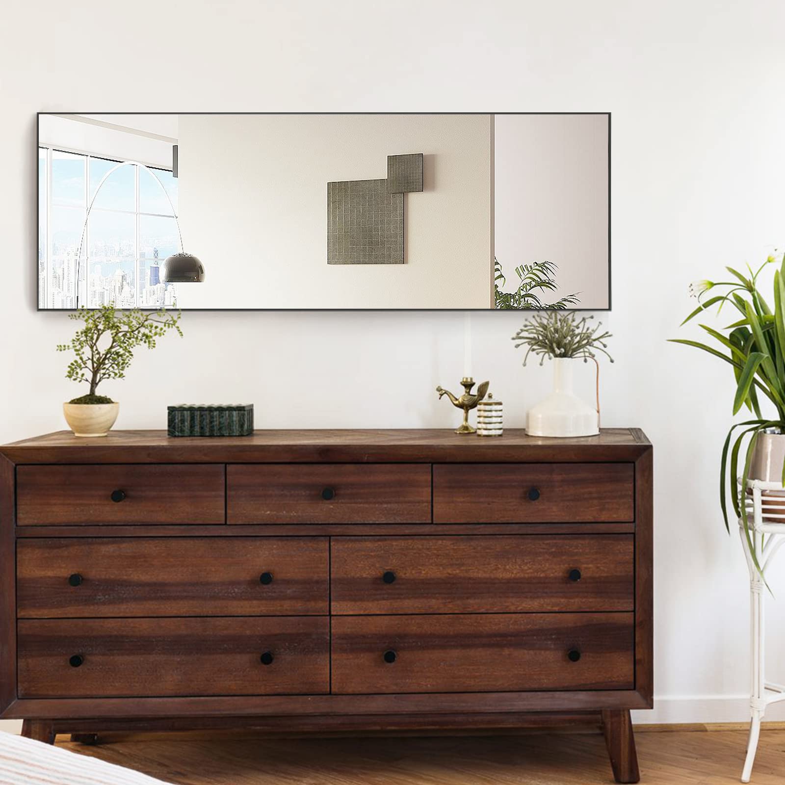 A.T.Lums Floor Mirror, 65" x 22" Full Length Mirror, Rectangle Stainless Steel Metal Frame with Stand, Modern Wall Mounted Mirror, Free Standing or Wall Mounted or Leaning Against Wall, Black