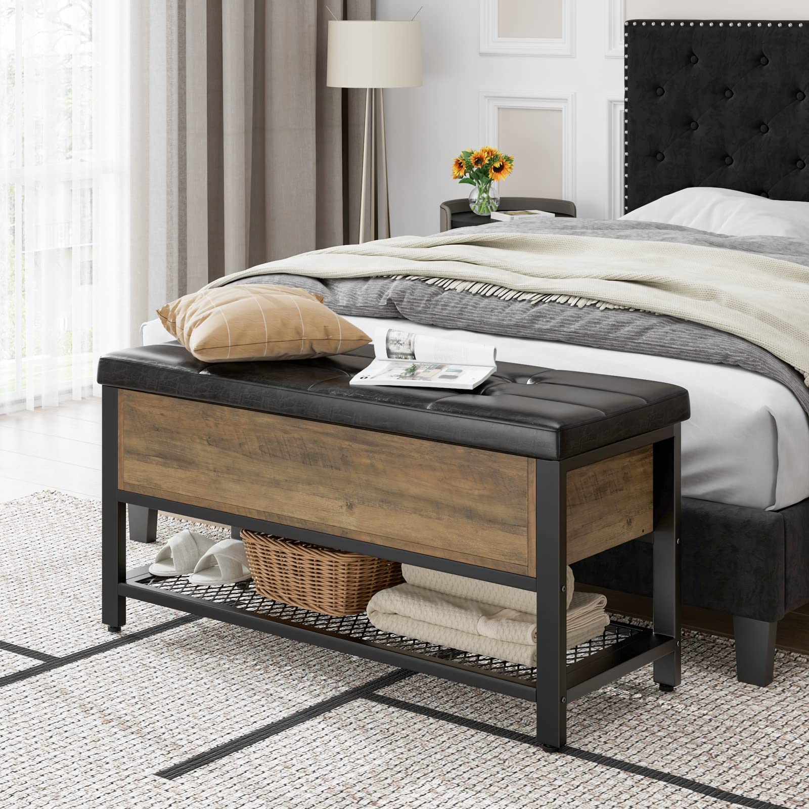 HOSTACK Storage Bench, Entryway Shoe Bench with Flip-Open Storage Box, End of Bed Ottoman Bench with Storage Shelf and Padded Seat for Bedroom, Hallway, Rustic Brown