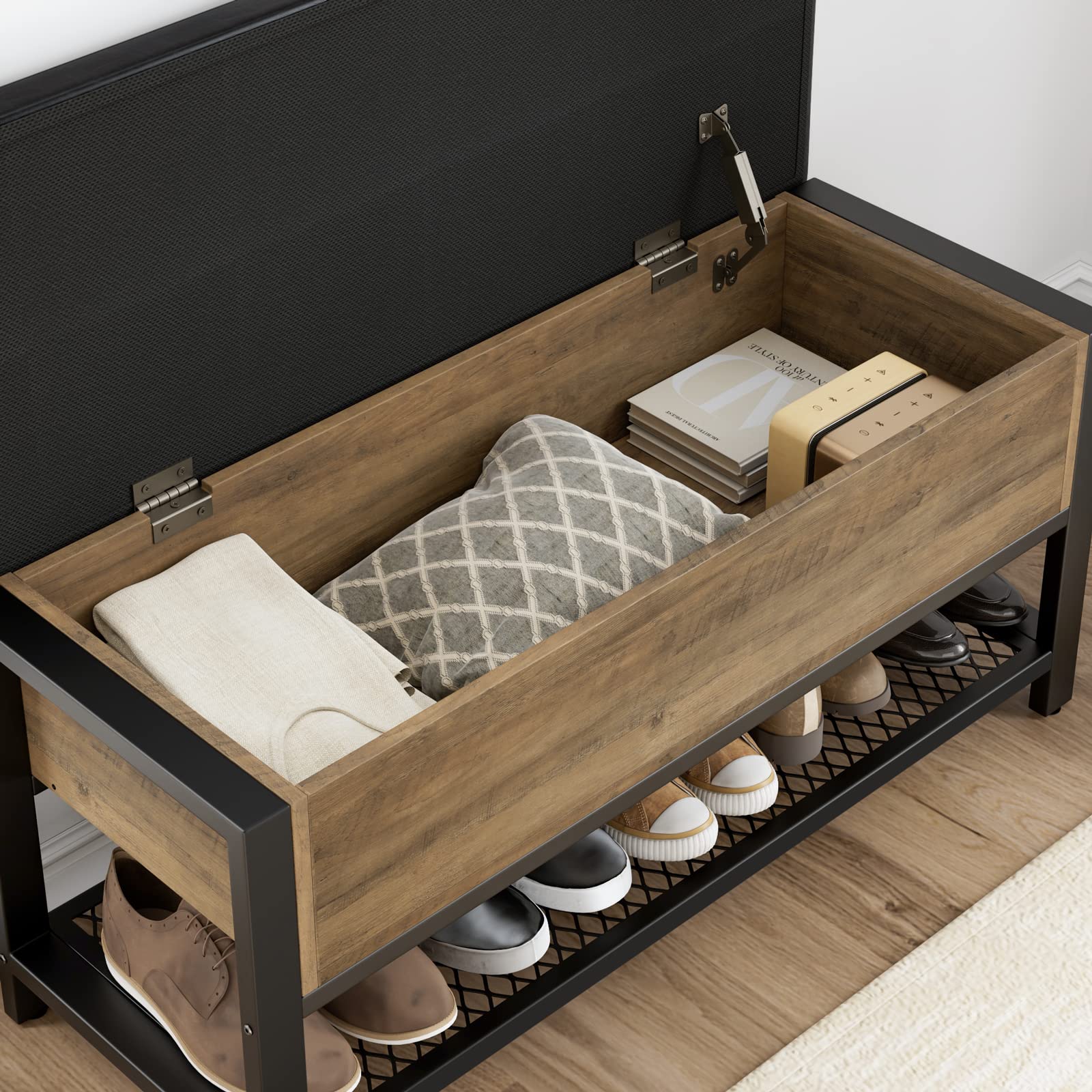 HOSTACK Storage Bench, Entryway Shoe Bench with Flip-Open Storage Box, End of Bed Ottoman Bench with Storage Shelf and Padded Seat for Bedroom, Hallway, Rustic Brown