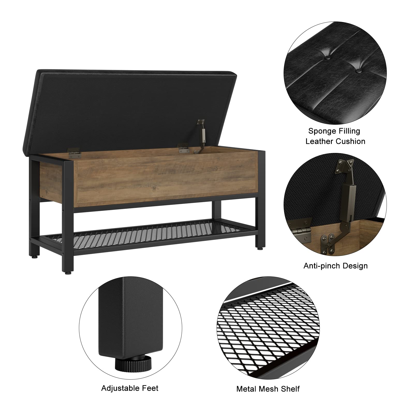HOSTACK Storage Bench, Entryway Shoe Bench with Flip-Open Storage Box, End of Bed Ottoman Bench with Storage Shelf and Padded Seat for Bedroom, Hallway, Rustic Brown