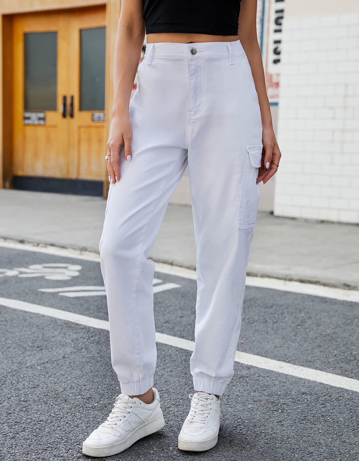 LONGYIDA Women's High Waisted Jean Joggers Elastic Waist Boyfriend Cargo Jeans Casual Loose Denim Joggers Stretch Pants(White,M)