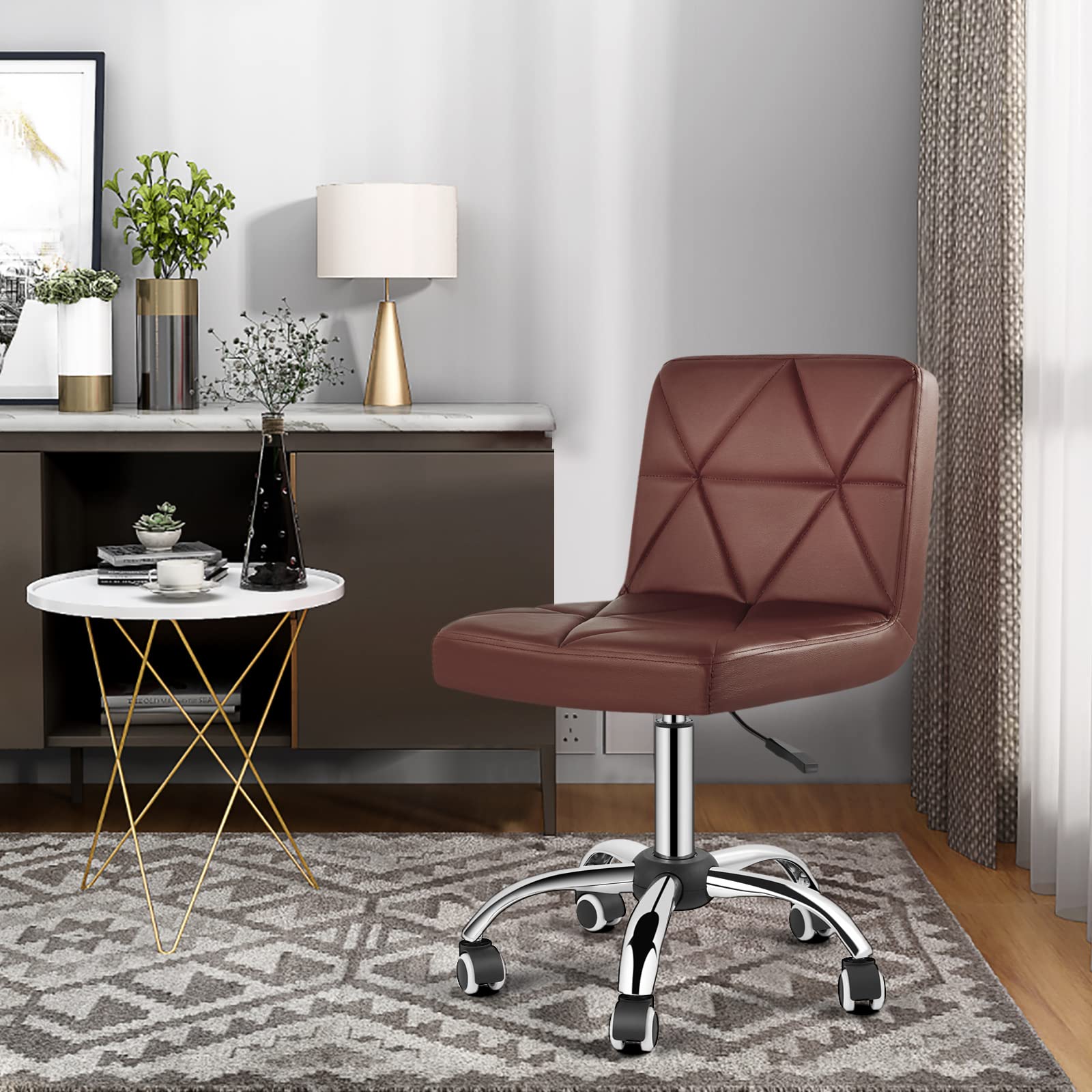 COSVALVE Armless Desk Chair, Low Back 360 Swivel Office Chair, Height Adjustable Executive Conference Task Chair with Rolling Wheels and Diamond Pattern for Home Bedroom Computer Barber, Brown