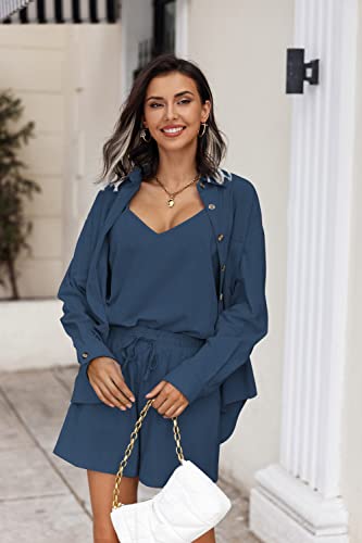 Zeagoo Womens 3 Piece Linen Set Button Down Blouse V Neck Tank Tops High Waisted Cotton Shorts Elastic Waistband