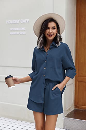 Zeagoo Womens 3 Piece Linen Set Button Down Blouse V Neck Tank Tops High Waisted Cotton Shorts Elastic Waistband