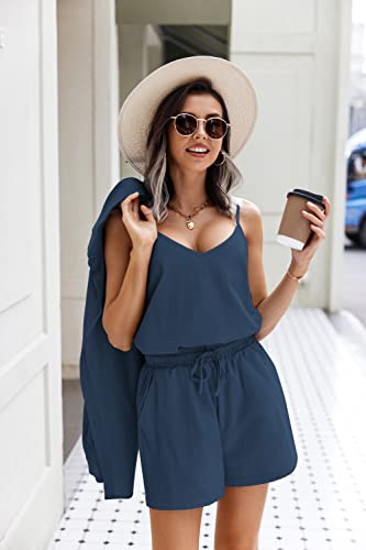 Zeagoo Womens 3 Piece Linen Set Button Down Blouse V Neck Tank Tops High Waisted Cotton Shorts Elastic Waistband