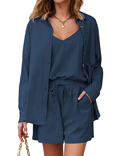 Zeagoo Womens 3 Piece Linen Set Button Down Blouse V Neck Tank Tops High Waisted Cotton Shorts Elastic Waistband