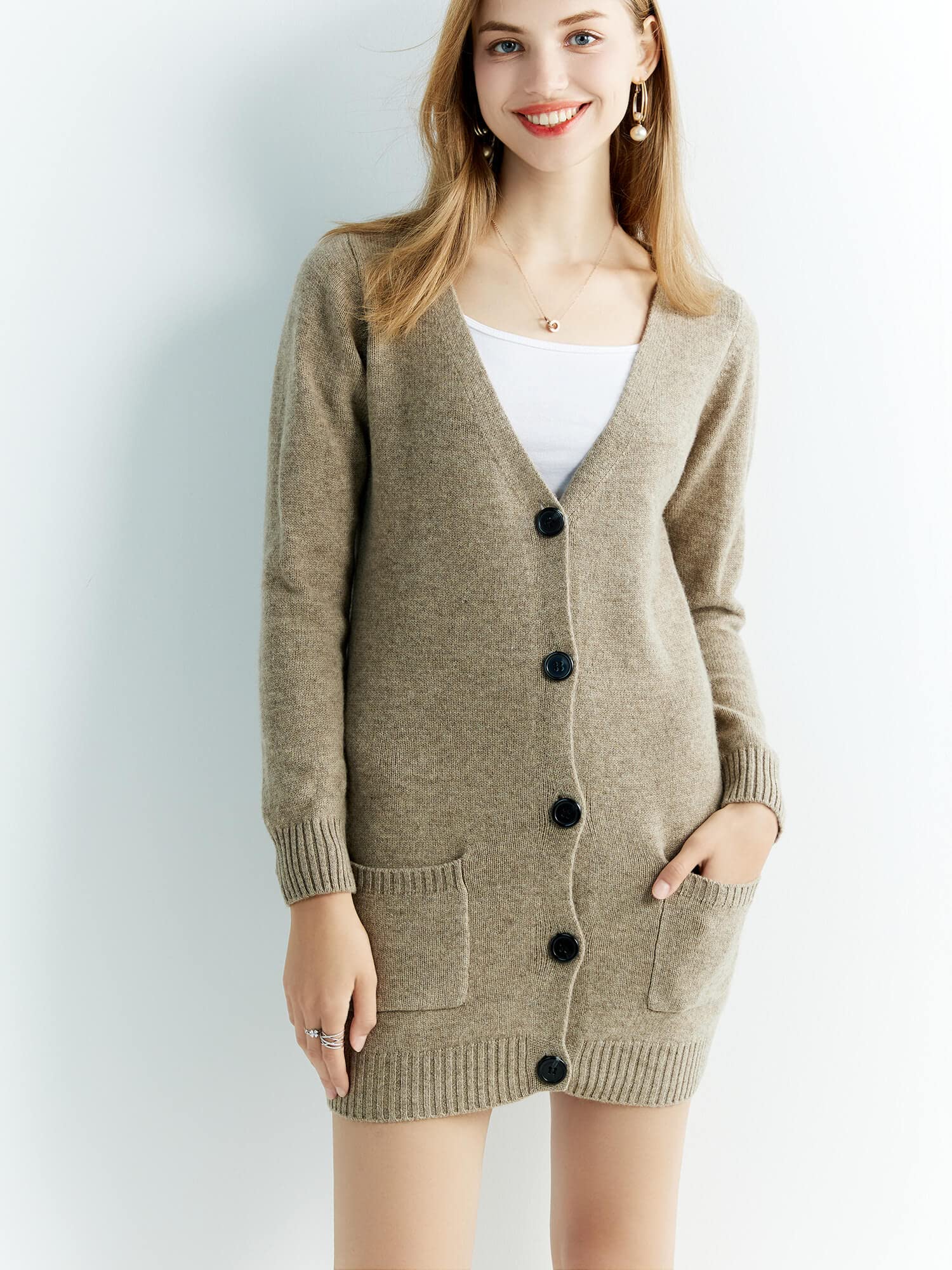 Liny Xin Women's Long Cardigan Sweater V-Neck 100% Merino Wool Fall Winter Warm Soft Knitted Cardigan Coat (Tan,L)