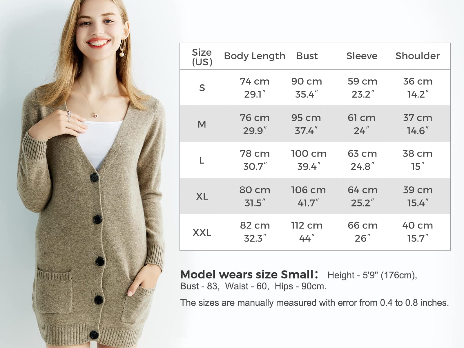 Liny Xin Women's Long Cardigan Sweater V-Neck 100% Merino Wool Fall Winter Warm Soft Knitted Cardigan Coat (Tan,L)