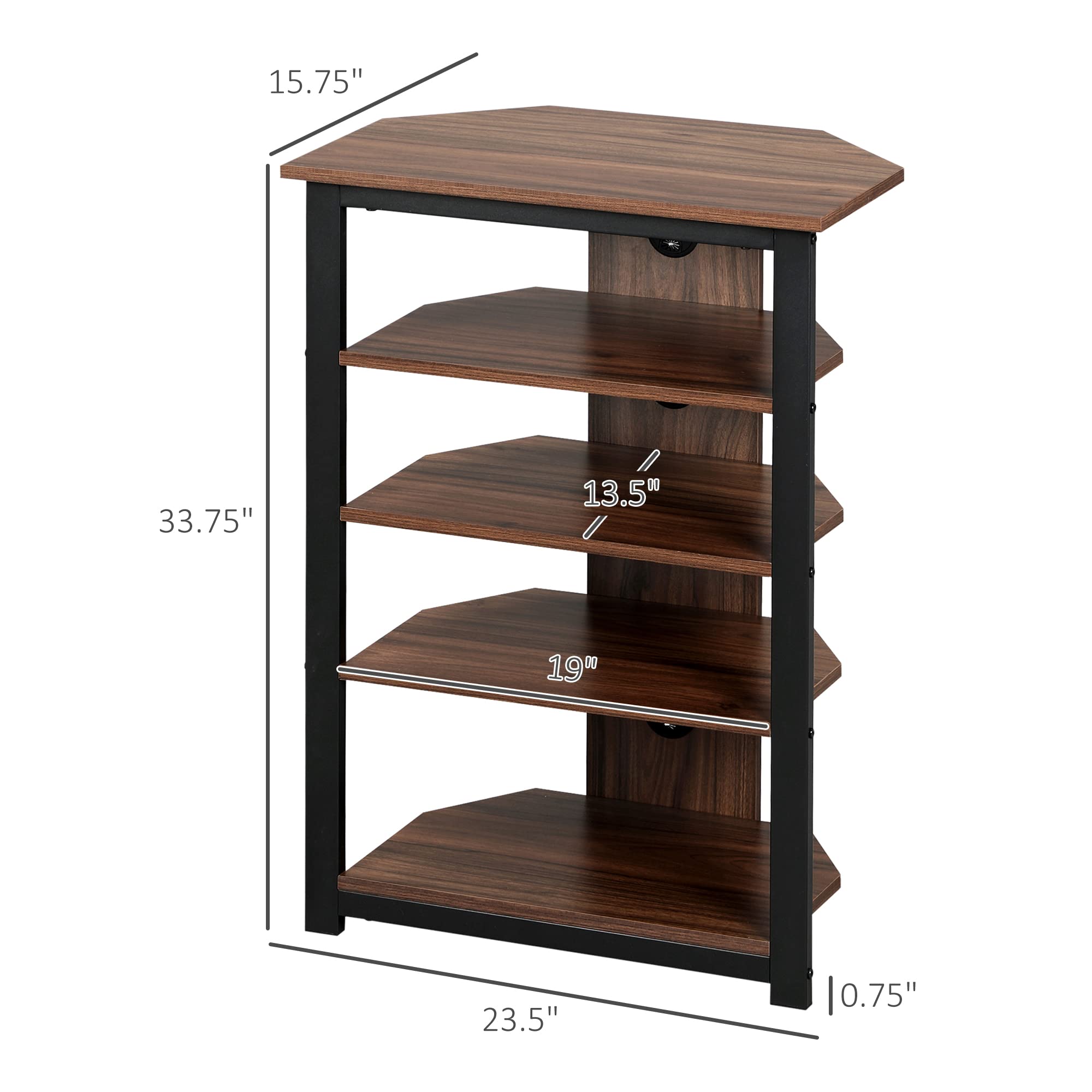 HOMCOM Media Stand with 4-Tier Audio Rack AV Media Corner Shelf with Cable Management for DVD Players Game Console TV Box Cable Box Xbox WiFi Router, Brown