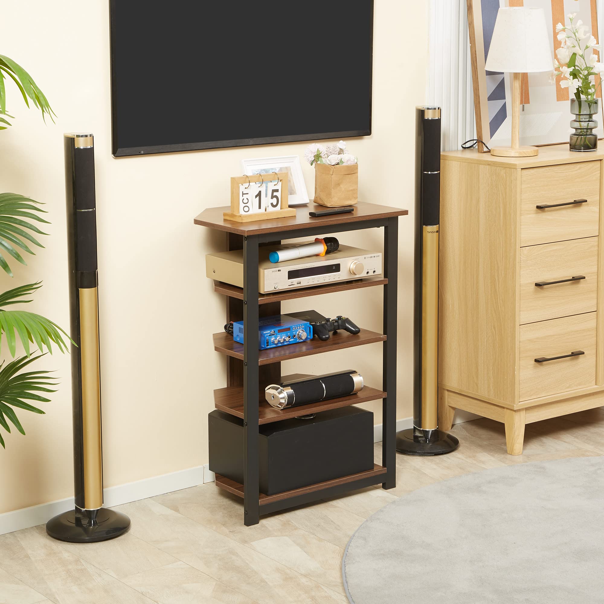 HOMCOM Media Stand with 4-Tier Audio Rack AV Media Corner Shelf with Cable Management for DVD Players Game Console TV Box Cable Box Xbox WiFi Router, Brown