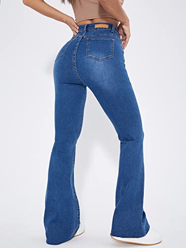 Floerns Women's High Waisted Flare Jeans Raw Hem Stretch Slim Fit Denim Pants Blue M