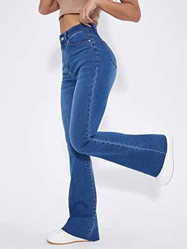 Floerns Women's High Waisted Flare Jeans Raw Hem Stretch Slim Fit Denim Pants Blue M