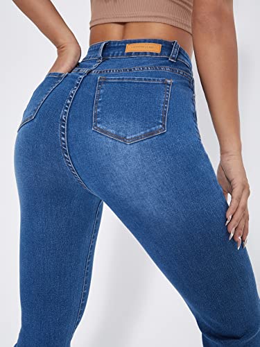 Floerns Women's High Waisted Flare Jeans Raw Hem Stretch Slim Fit Denim Pants Blue M